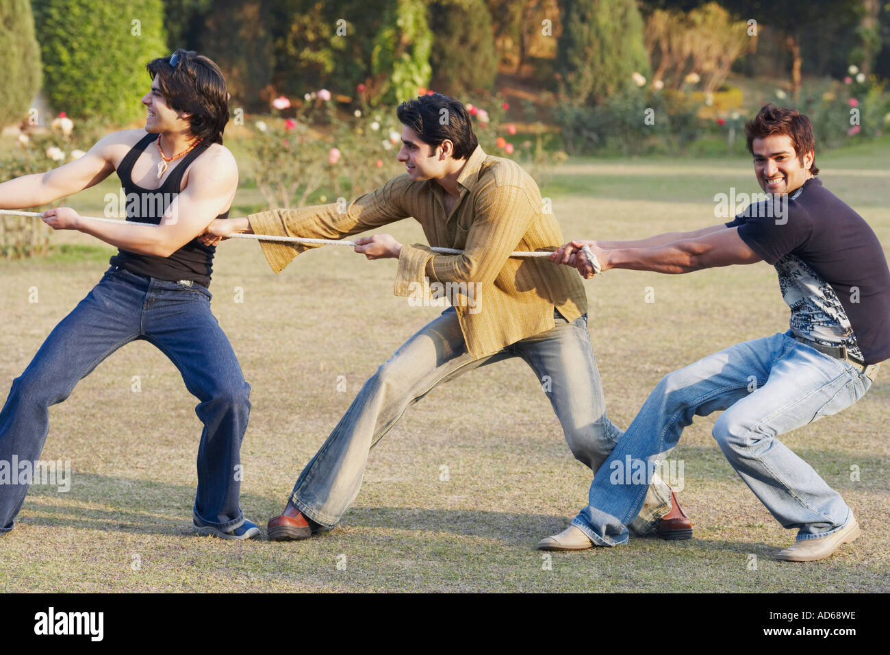 Three young men pulling hi-res stock photography and images - Alamy
