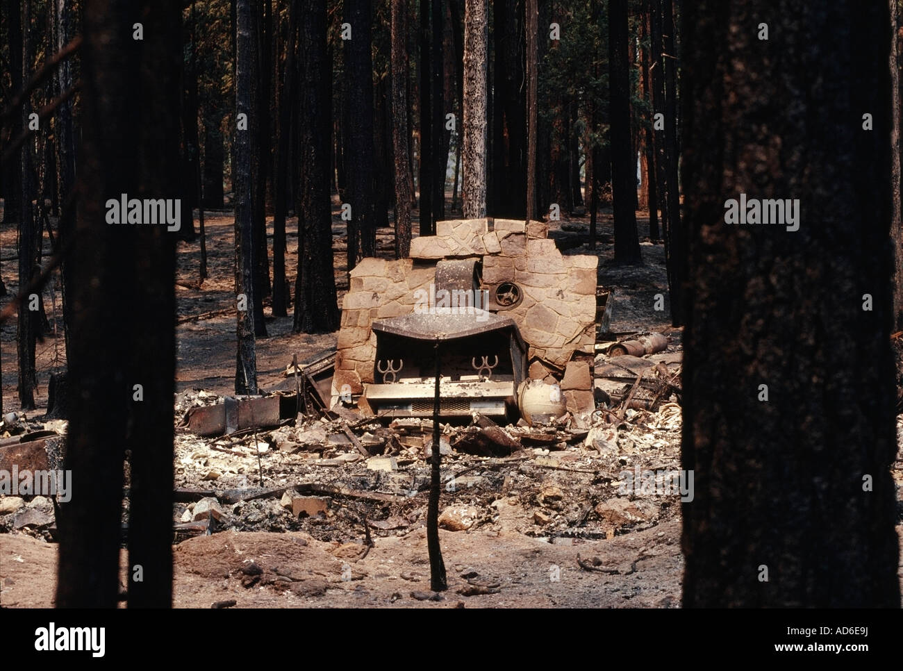Fireplace of a home destroyed by forest fire in the Sierra Nevada ...