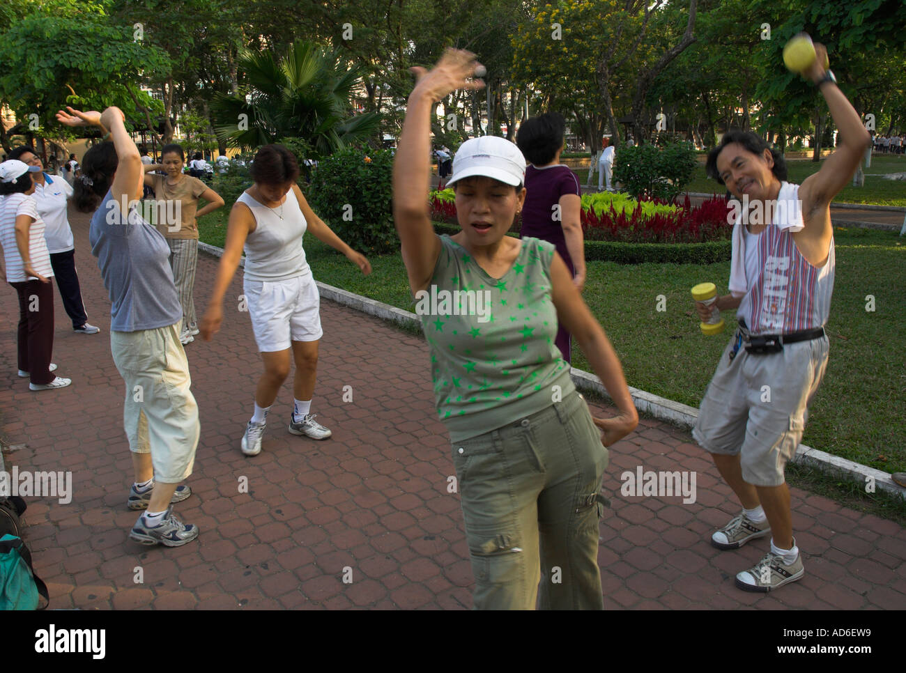 Vietnam Ho Chi Minh City Pham Ngu Lao area morning exercices in public ...