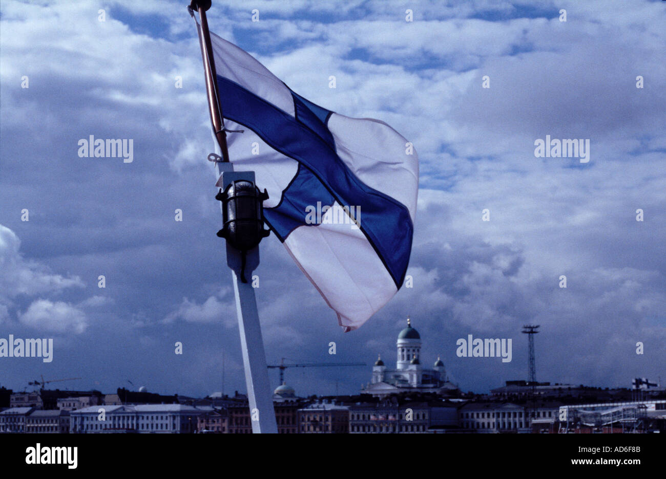 Finnish flag with Helsinki skyline Finland Stock Photo - Alamy