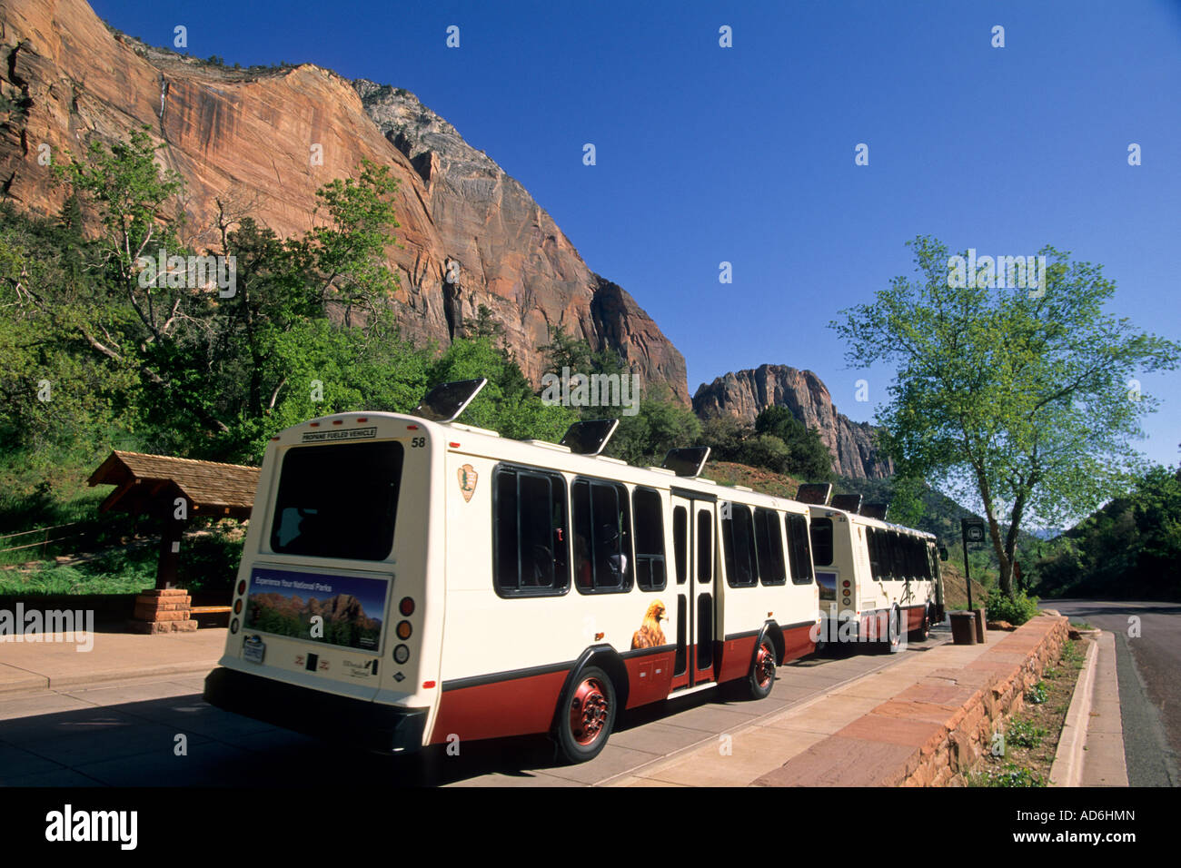 Free tourist shuttle bus in Zion Canyon Zion National Park UTAH Stock ...