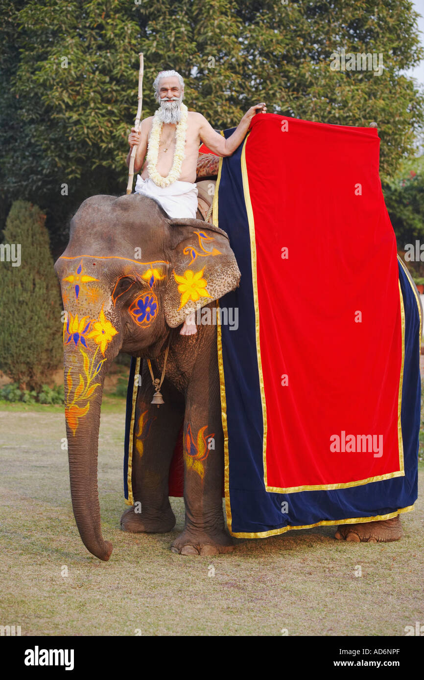 Portrait of a priest riding an elephant Stock Photo - Alamy