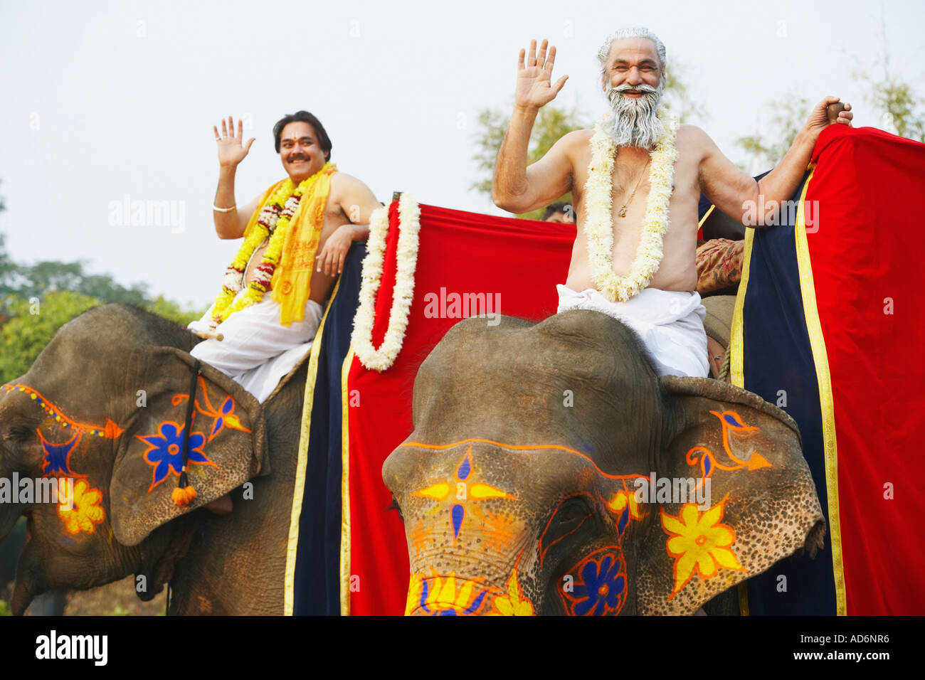 Portrait of two priests riding elephants Stock Photo - Alamy