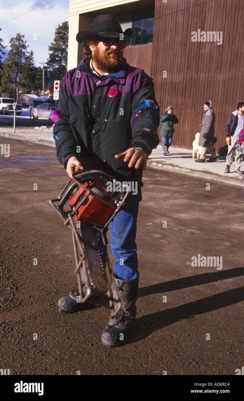 Chainsaw chucking at the Yukon Sourdough Rendezvous Stock Photo - Alamy