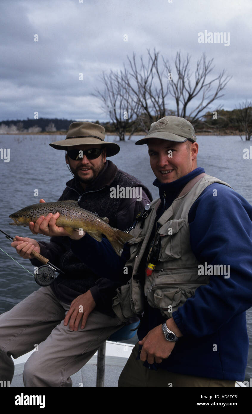 Rod Sloane and brett Wolf Tasmanian fly fishermen with Brown trout ...