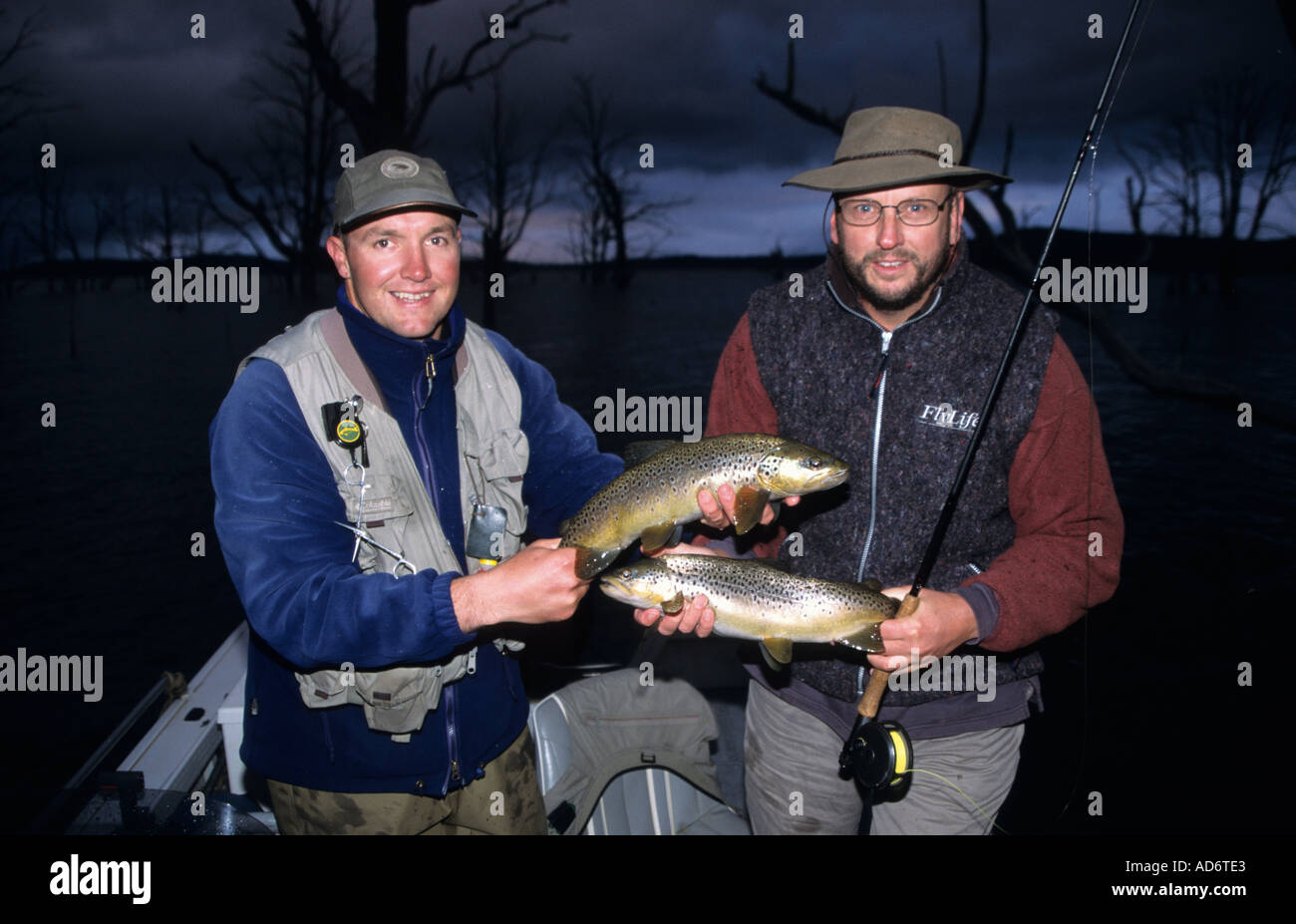 Rod Sloane and Brett Wolf Tasmanian fly fishermen with Brown trout ...