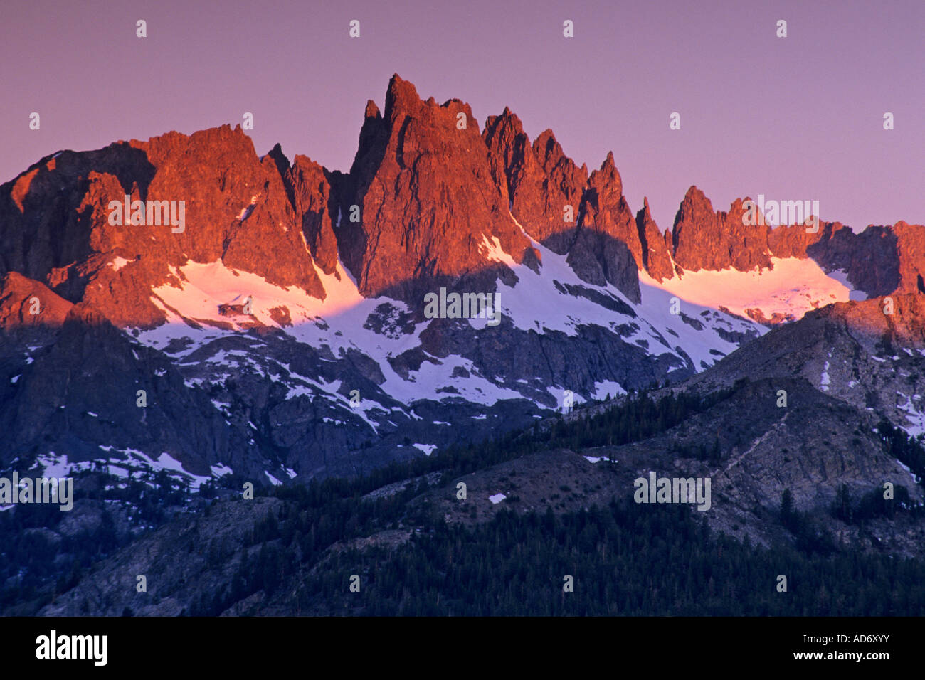 Alpenglow at sunrise on the Minarets from Minaret Summit near Mammoth ...