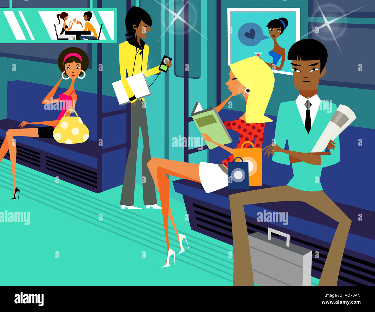 Four people traveling in a subway train Stock Photo - Alamy
