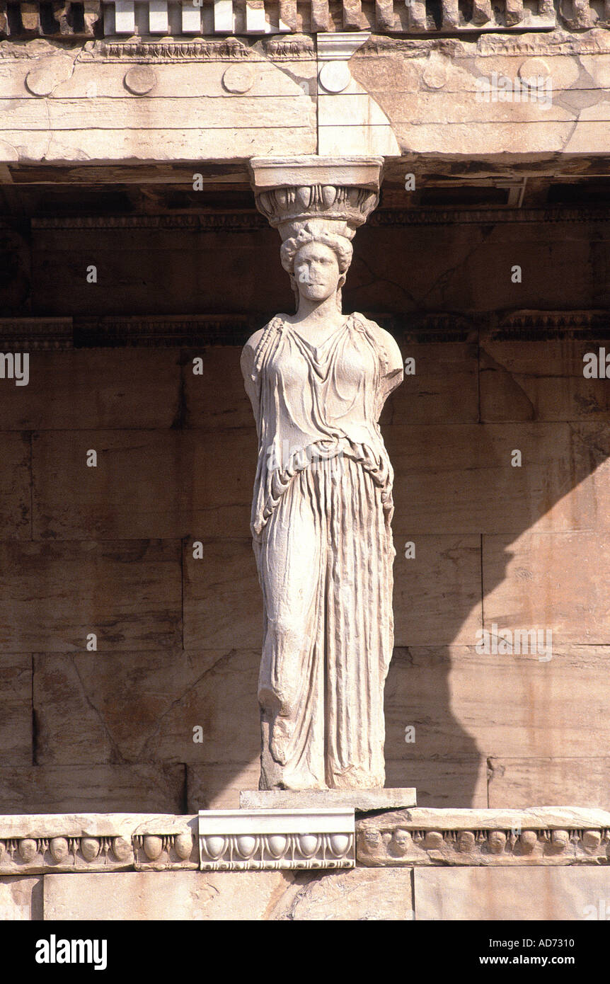 GREECE ATHENS ACROPOLIS THE CARYATIDS TEMPLE DETAIL OF A CARYATID ...