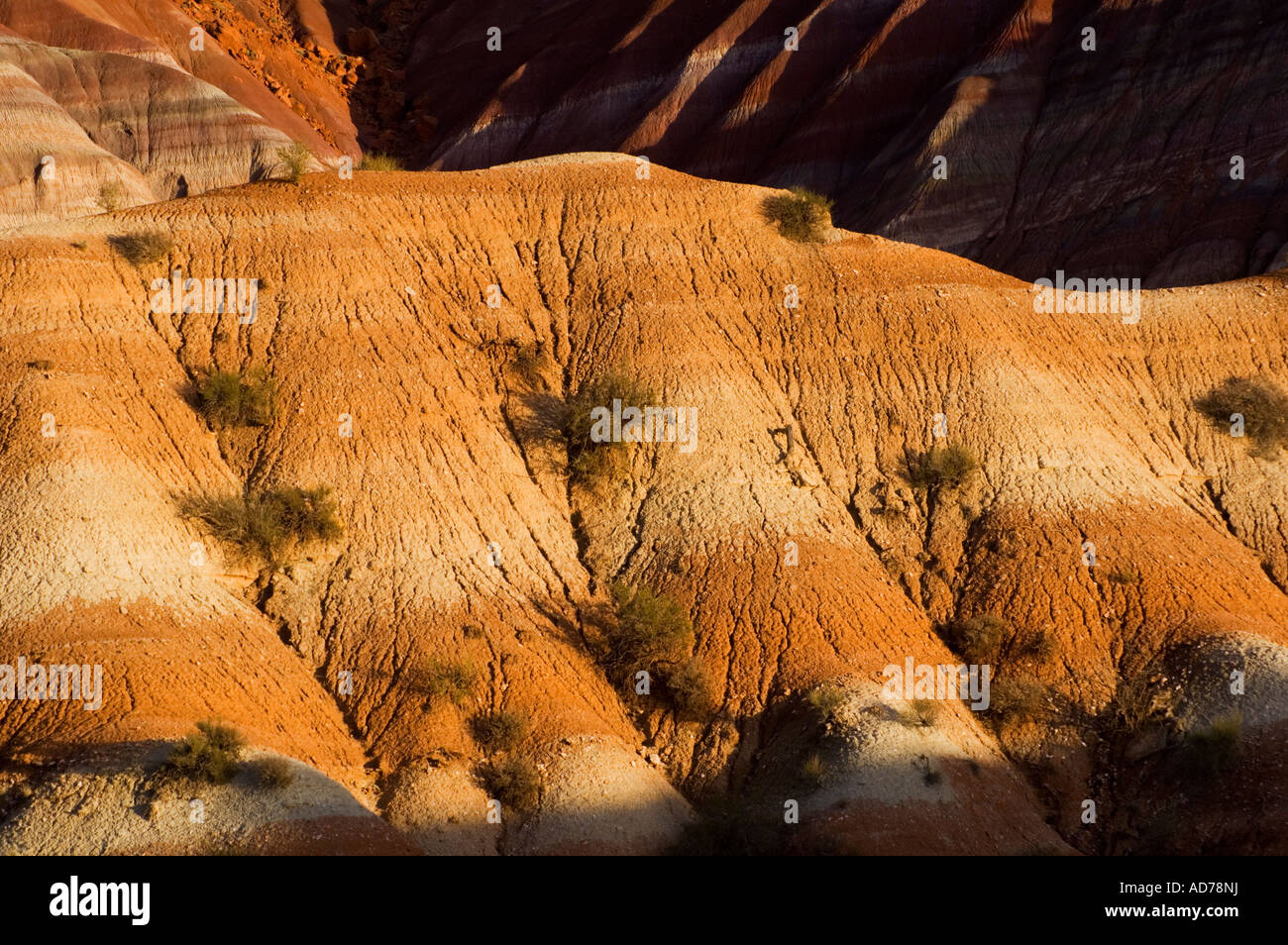Sunset light on layered sediment rock on eroded hills along the ...