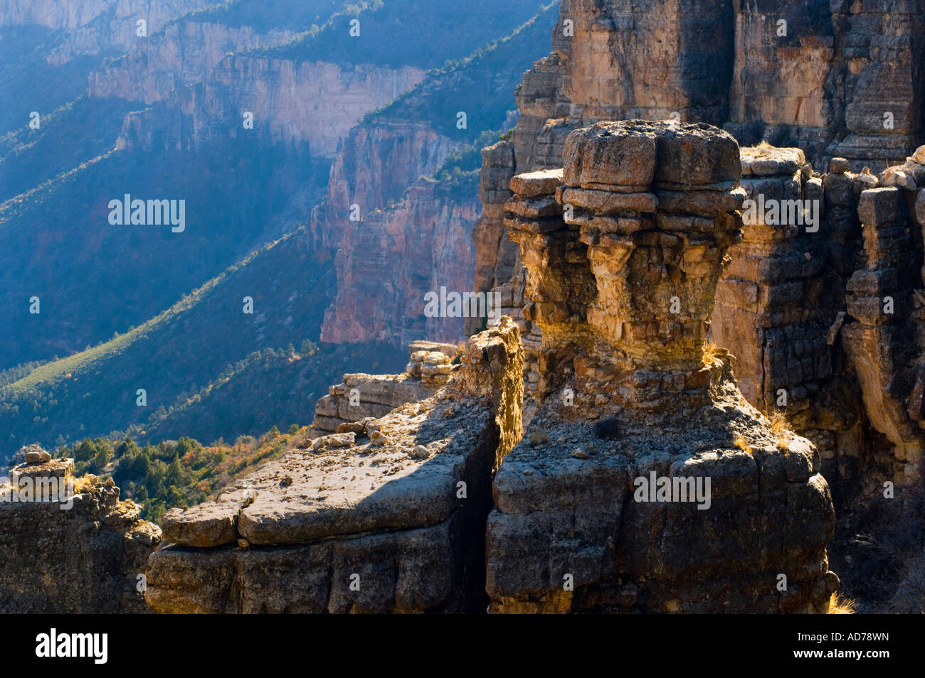 Eroded rock formations along edge of the canyon near The Dragon North ...