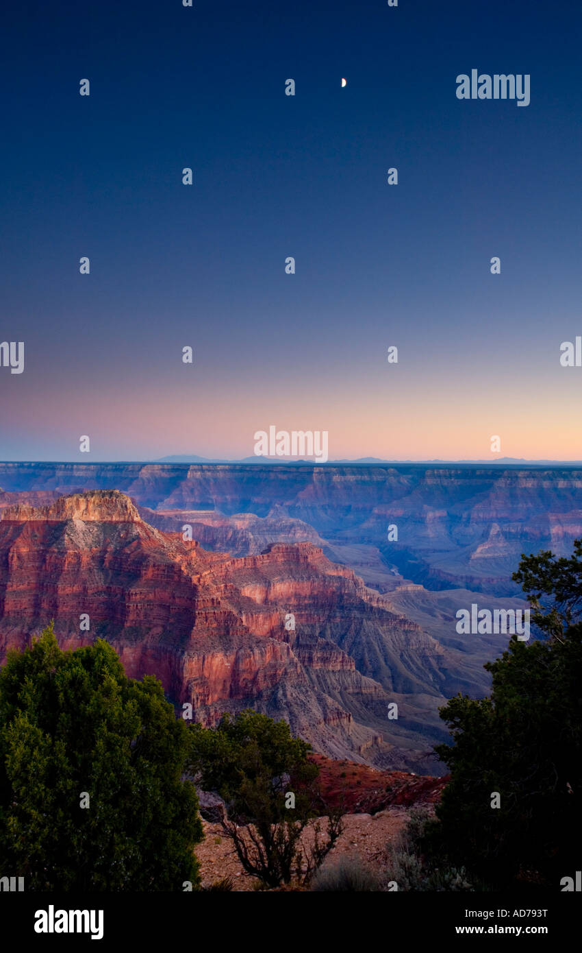 Evening light and moon over red rock cliffs along the North Rim at ...