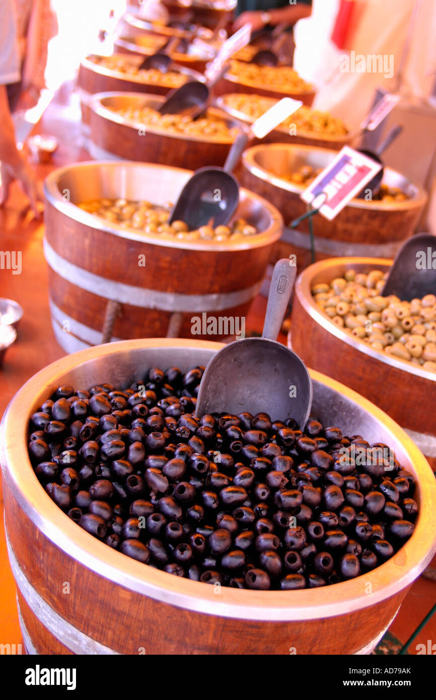 Olives on display at a French Market in Marlborough Wiltshire UK Stock ...