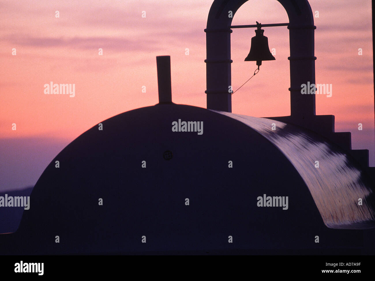 GREECE CYCLADES MYKONOS ISLAND SMALL CHAPEL ROOF AND BELFRY AT SUNSET ...