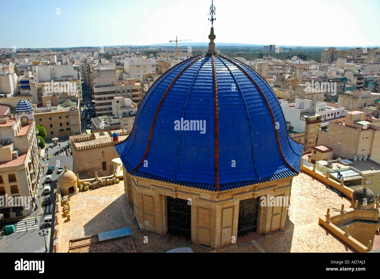 City scape with blue dome of the basilica Santa Maria, Elx, Elche ...