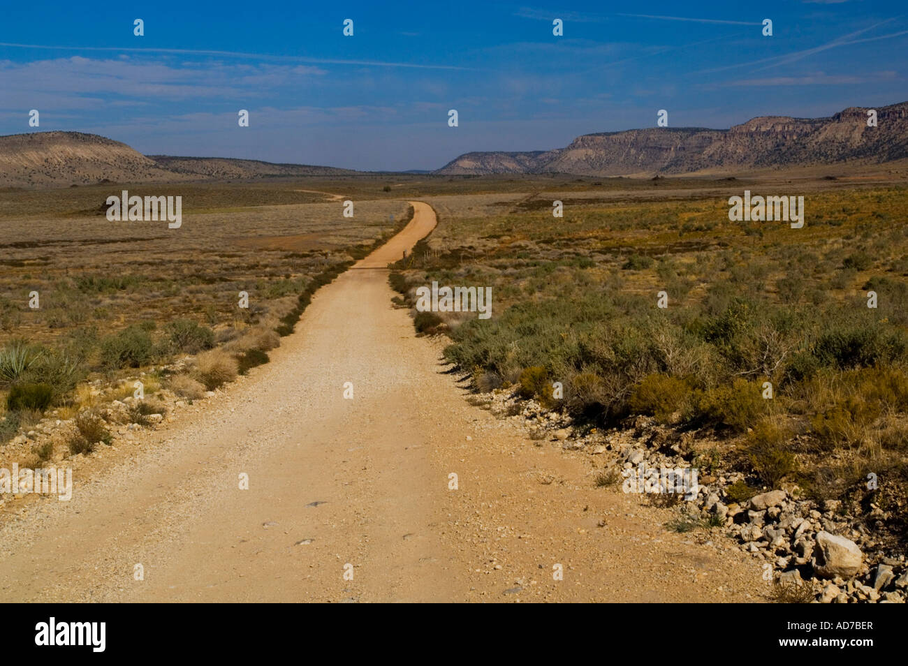 Endless long dirt road though high desert plateau at the Grand Canyon ...