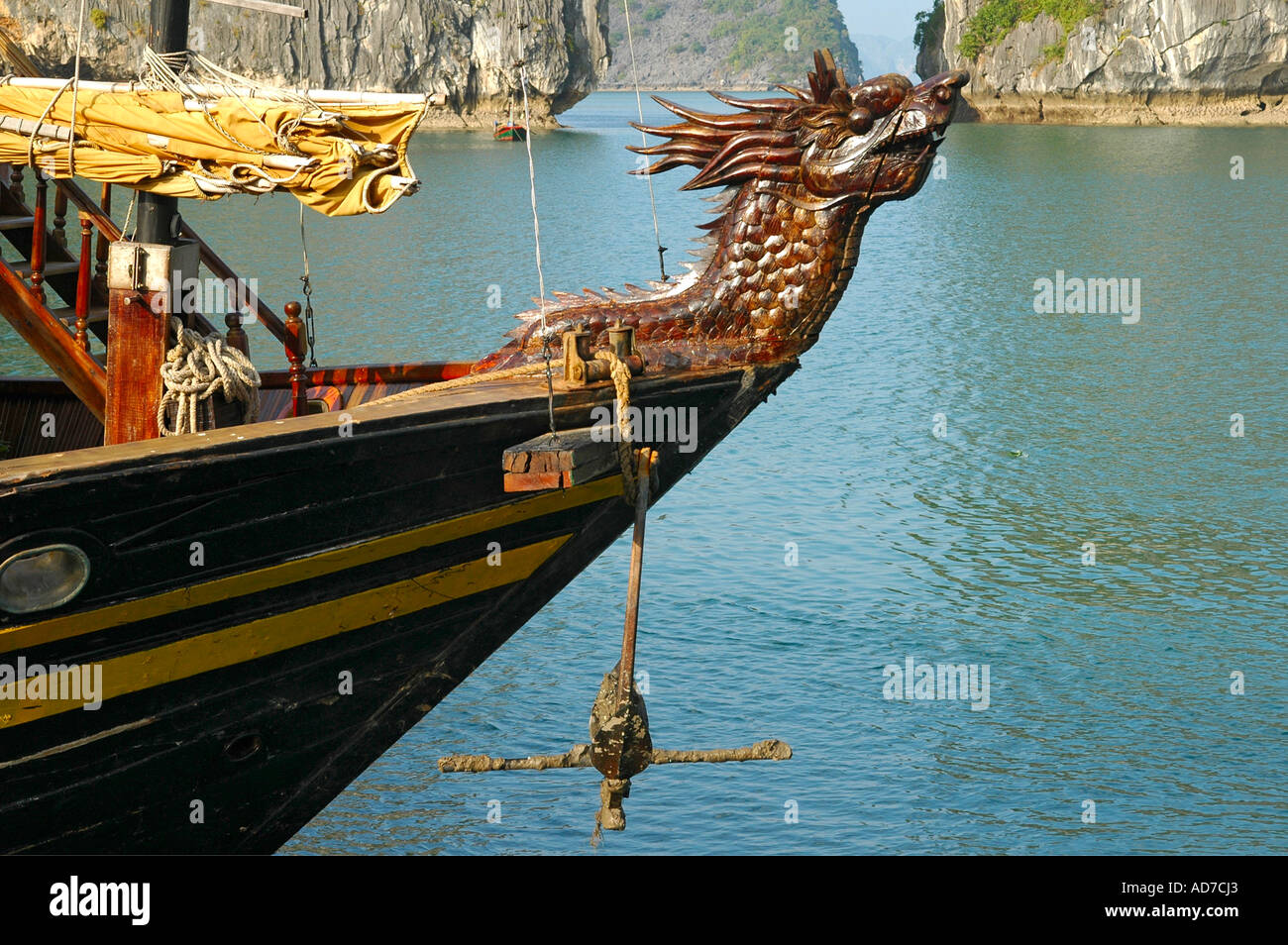 A figurehead of a traditional Vietnamese junk boat at Halong Bay Viet ...