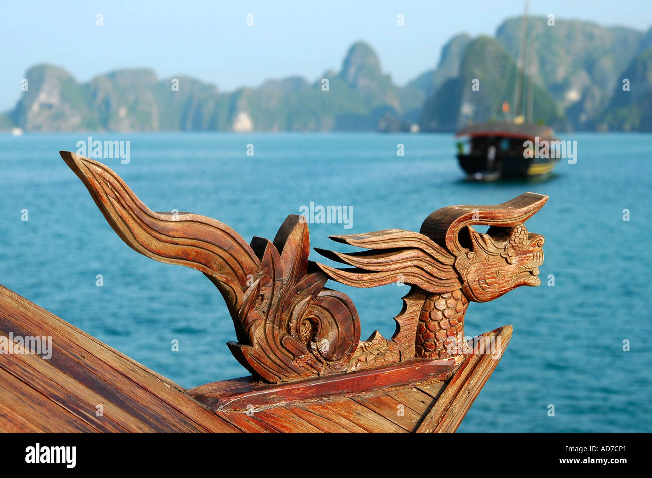 A figurehead of a traditional Vietnamese junk boat at Halong Bay Viet ...
