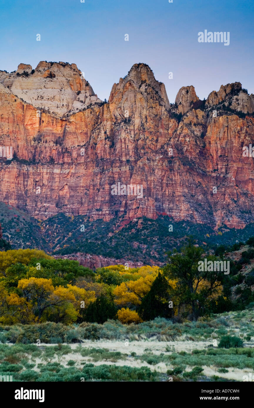 Dawn light on The West Temple and Towers of the Virgin Zion Canyon Zion ...