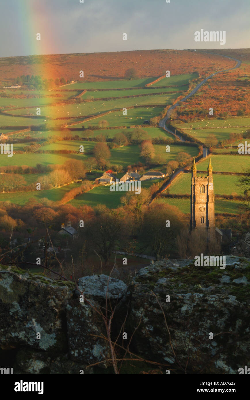 Widecombe in the moor rainbow Dartmoor Devon UK Stock Photo - Alamy