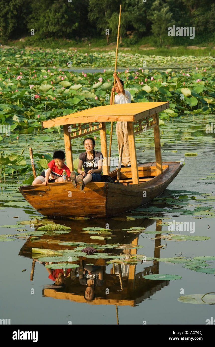 a boat punting through water lily pads on a lake at Yuanmingyuan Old ...