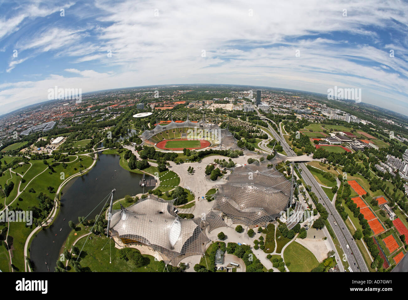 Olympic Park view from Olympic tower Munich Bavaria Germany Stock Photo ...
