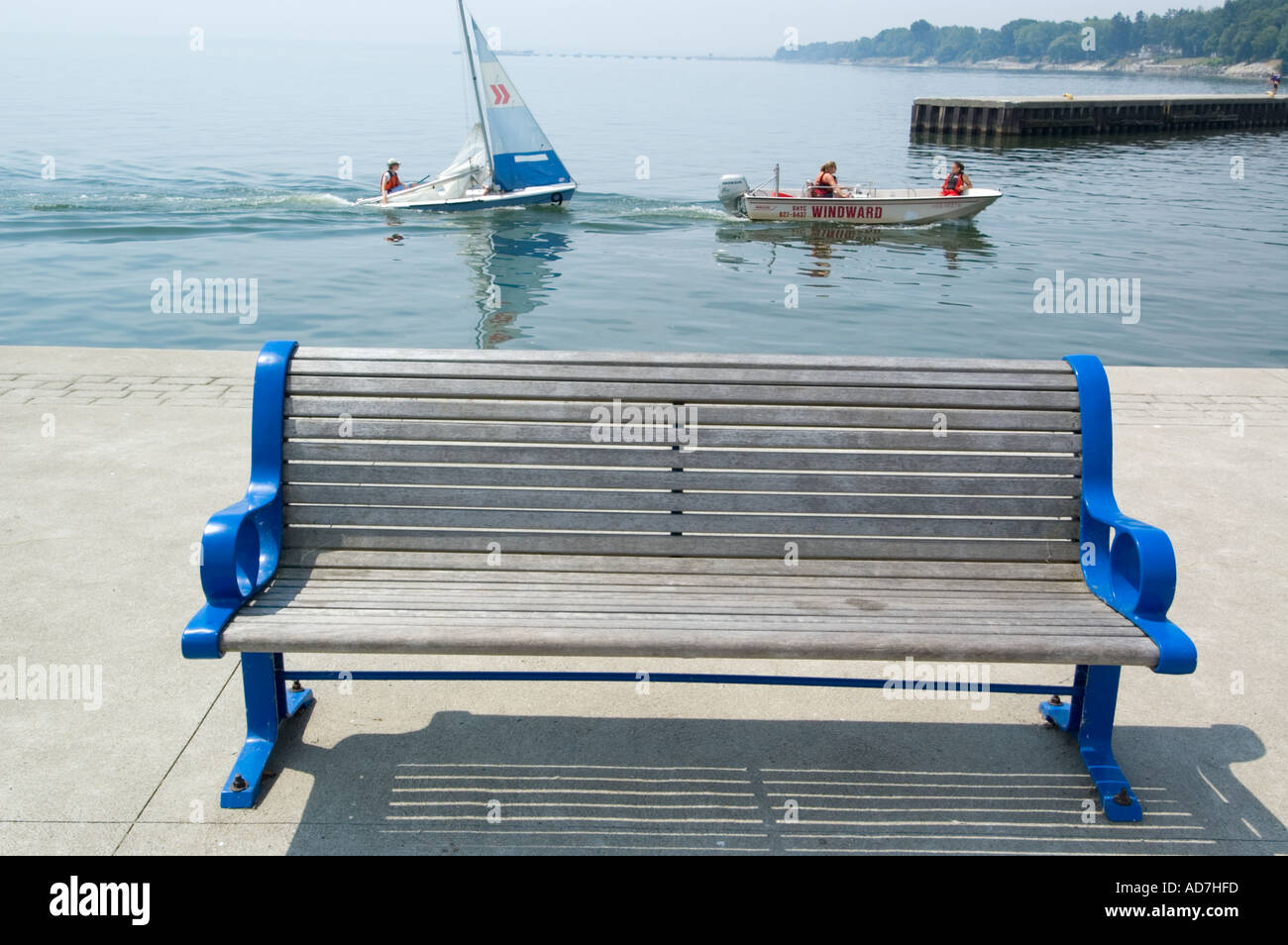 Park benches on pier in harbour at Bronte Oakville Ontario Canada Stock ...