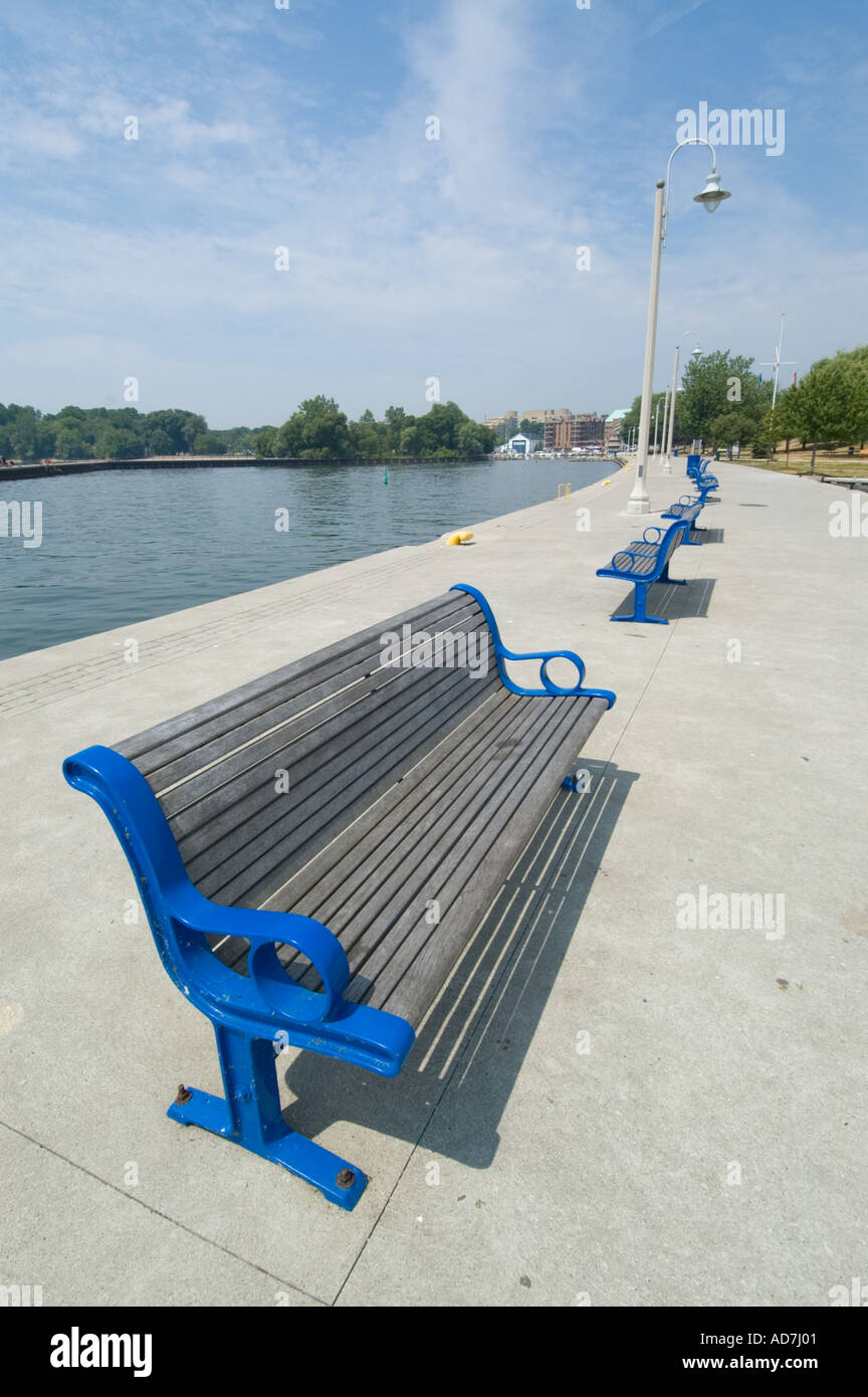 Park benches on pier in harbour at Bronte Oakville Ontario Canada Stock ...