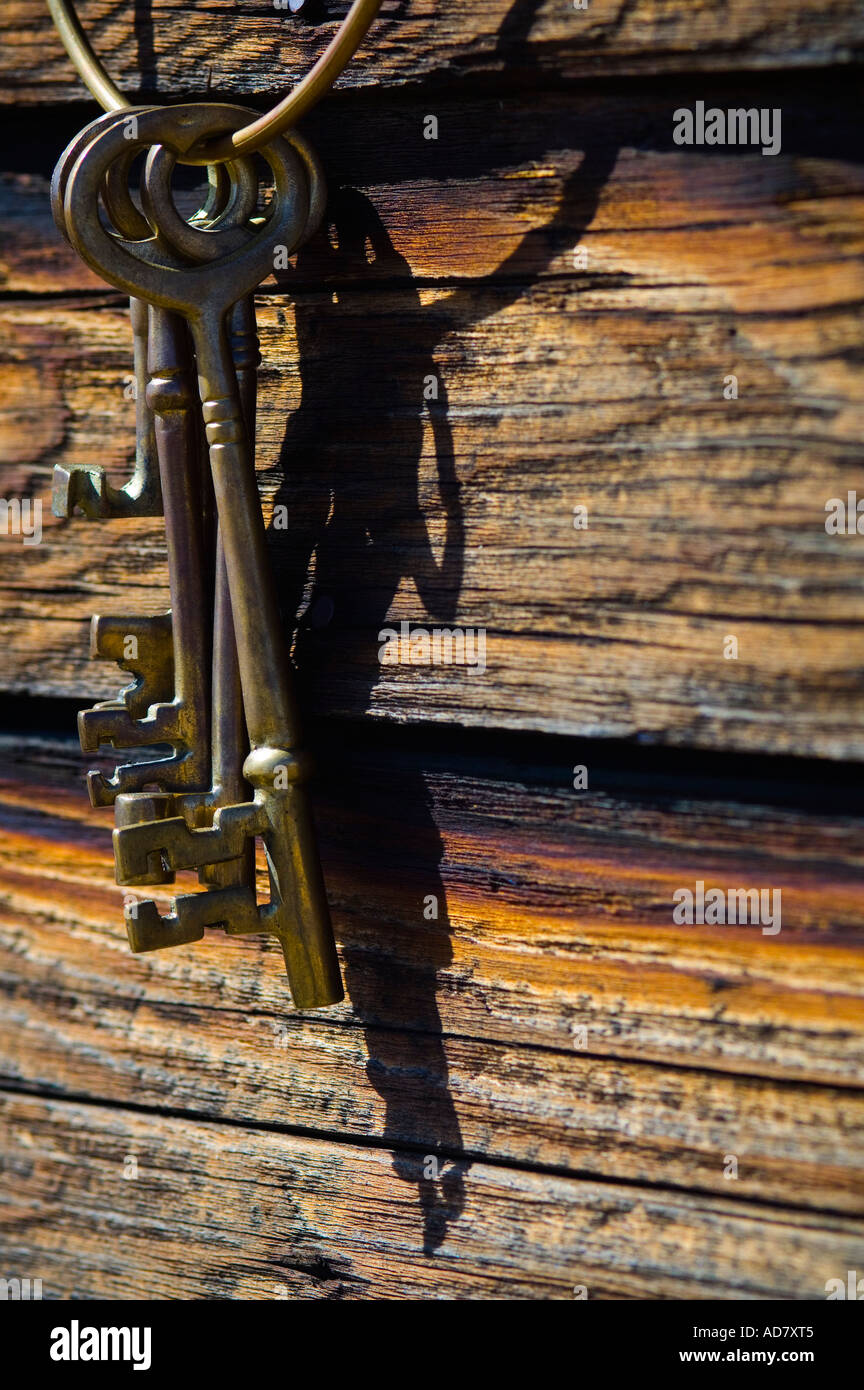 Old fashioned keys on log wall Stock Photo - Alamy