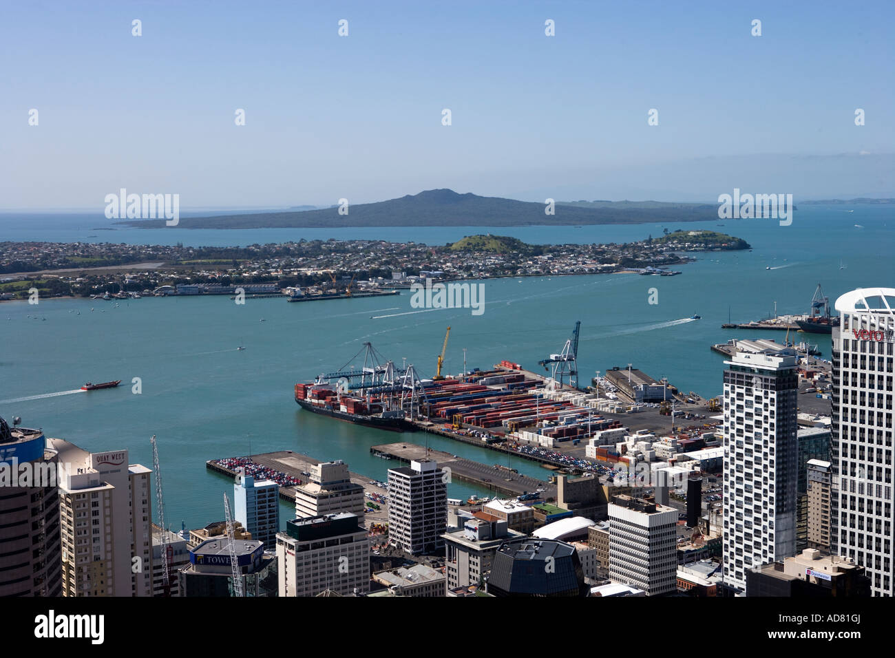 A view of Rangitoto and the container docks in Auckland Stock Photo - Alamy
