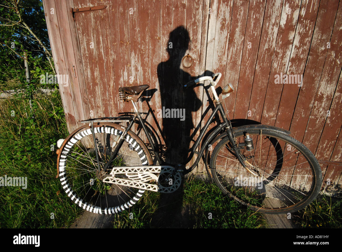 battered bicycle with improvised fixed back tire, vallstena, gotland ...