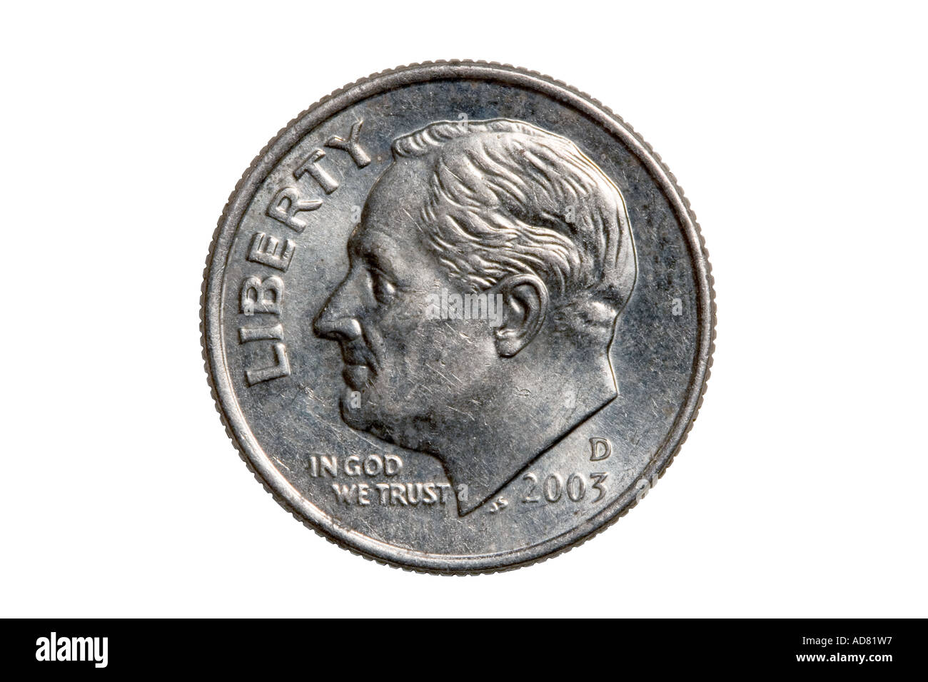 Macro of the anterior of a well worn 2003 Roosevelt dime isolated and ...