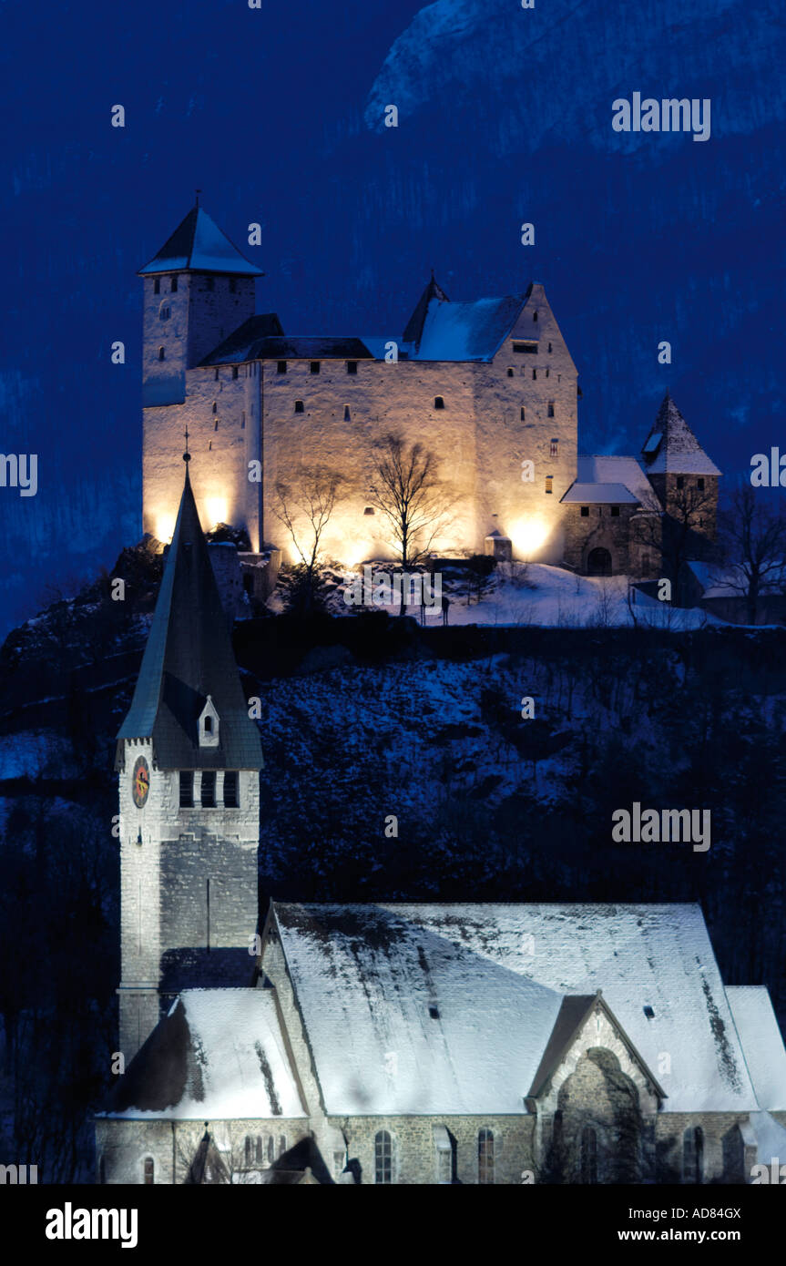 Castle Gutenberg with the church St. Nikolaus at Balzers, Liechtenstein ...