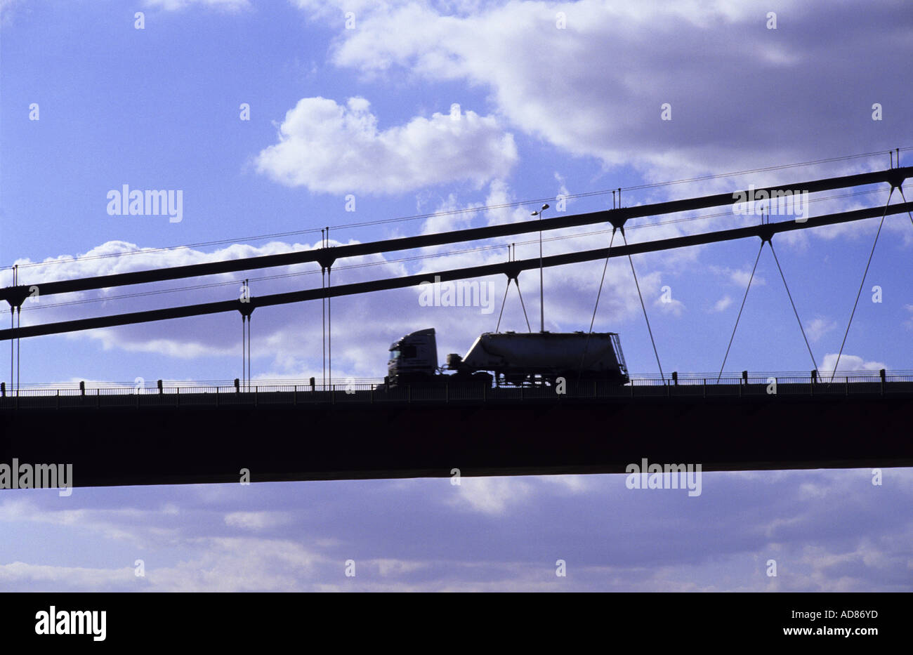 lorry travelling over the humber bridge above the humber estuary ...