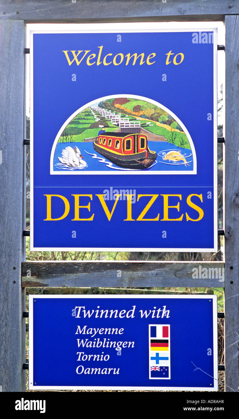 Town sign Devizes Wiltshire UK reflecting popular Kennet Avon Canal and ...