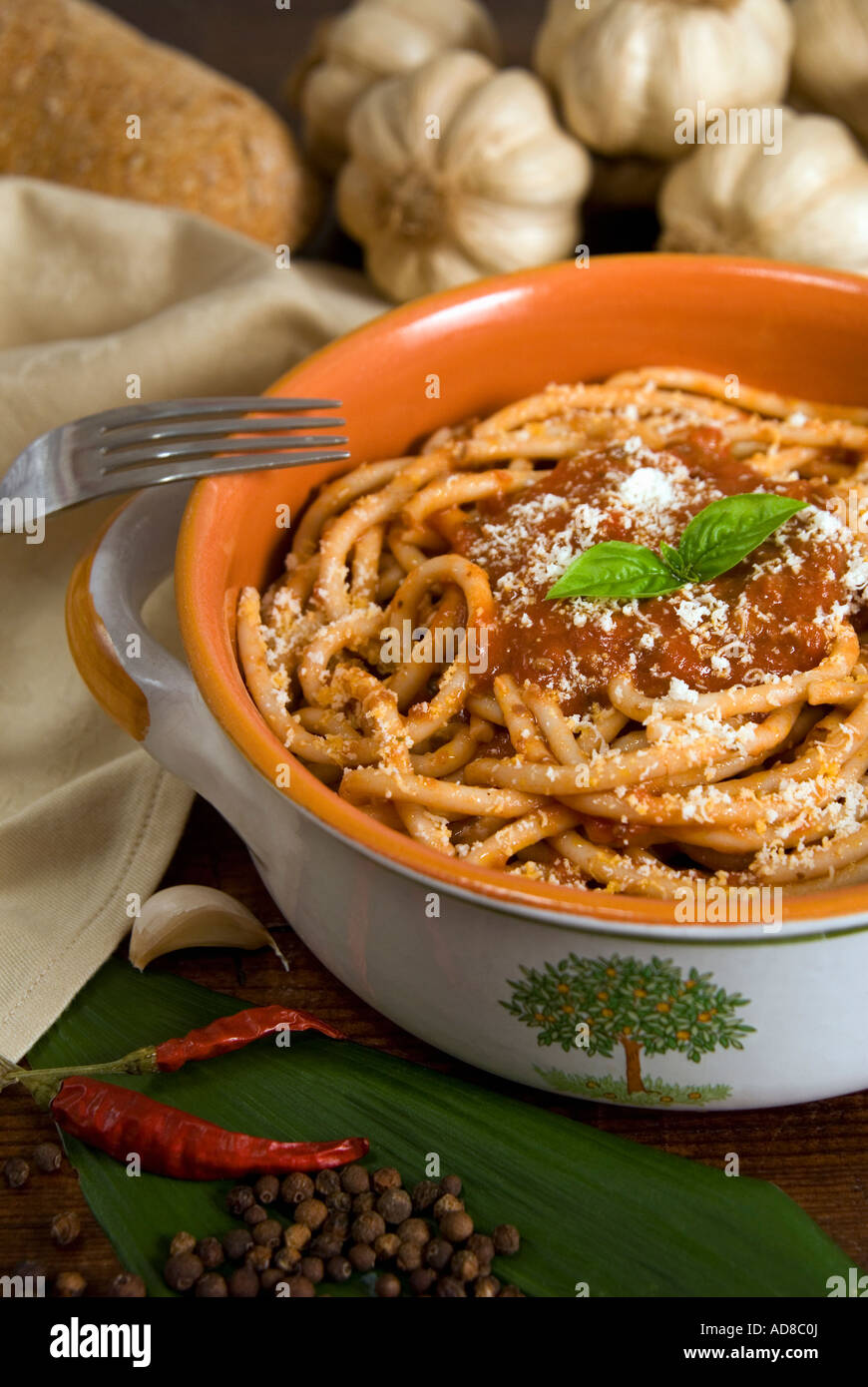 Pici (tuscan spaghetti) with meat sauce, Italian cooking Stock Photo ...