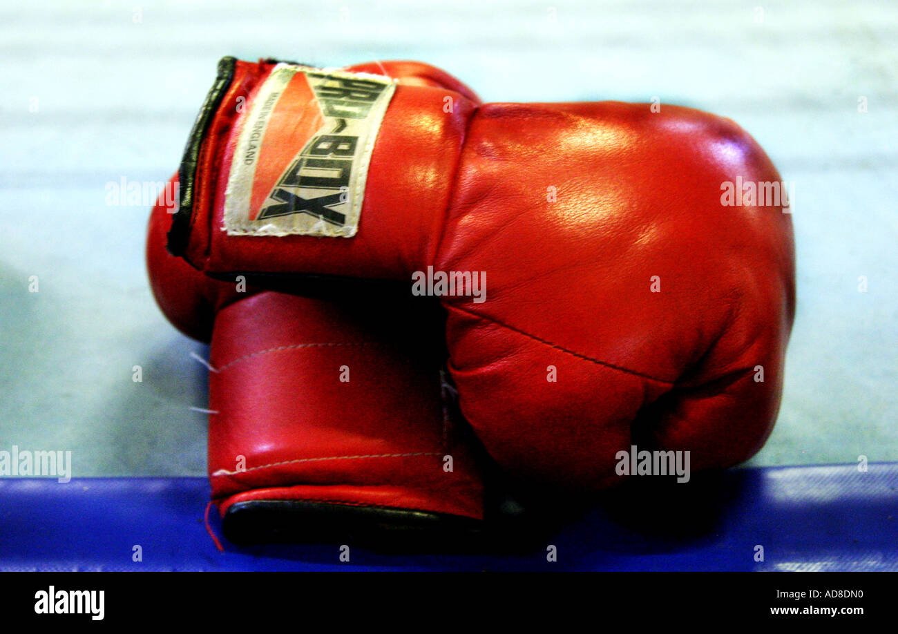 A pair of boxing gloves on the edge of a boxing ring Stock Photo - Alamy