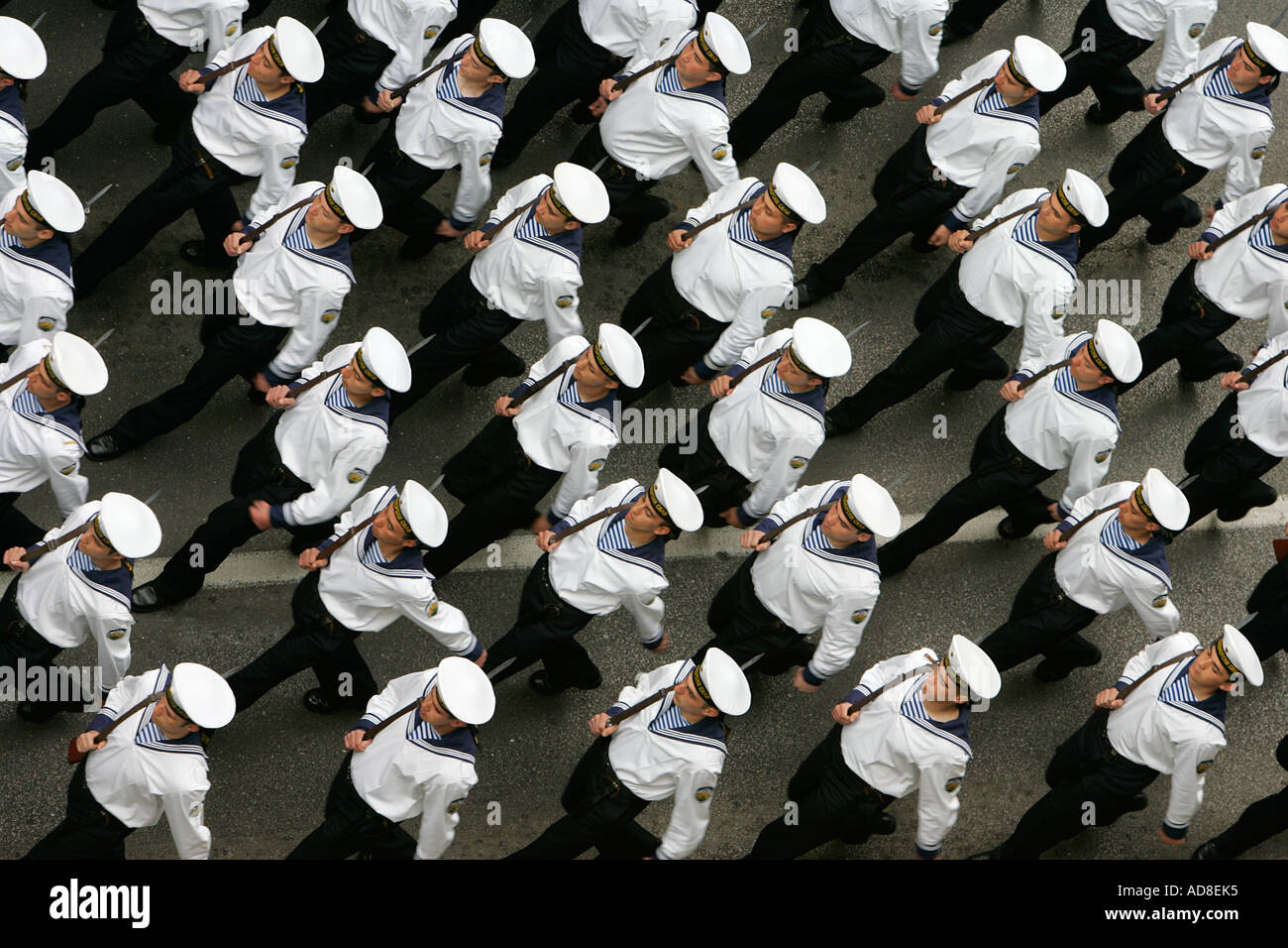 Guardsmen march in step at military parade column Officer Cadets ...