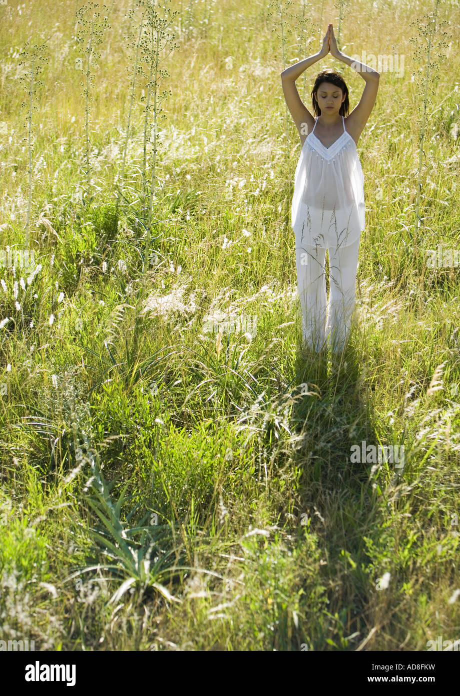 Woman arms overhead in yoga hi-res stock photography and images - Alamy