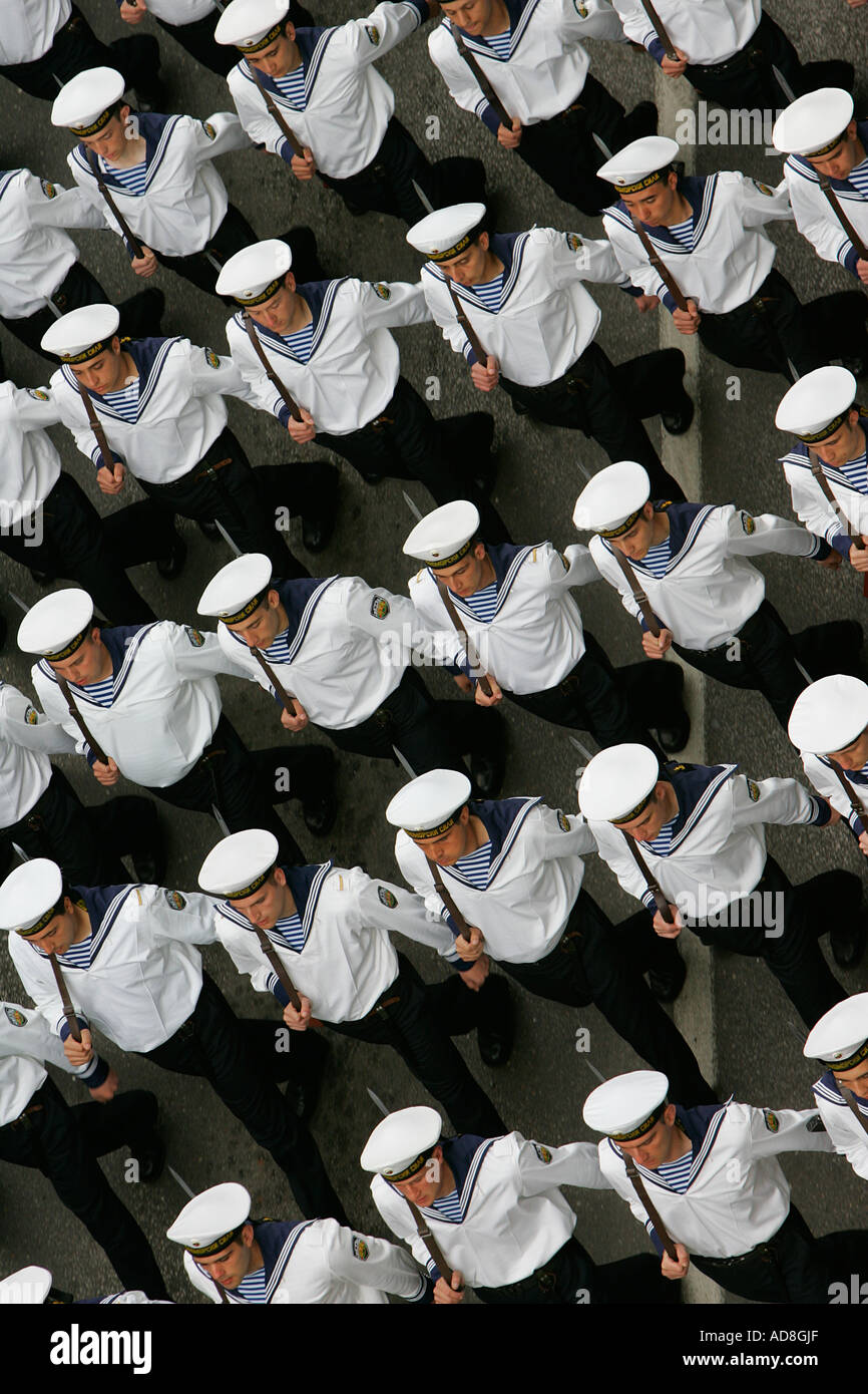 Guardsmen march in step at military parade column Officer Cadets ...