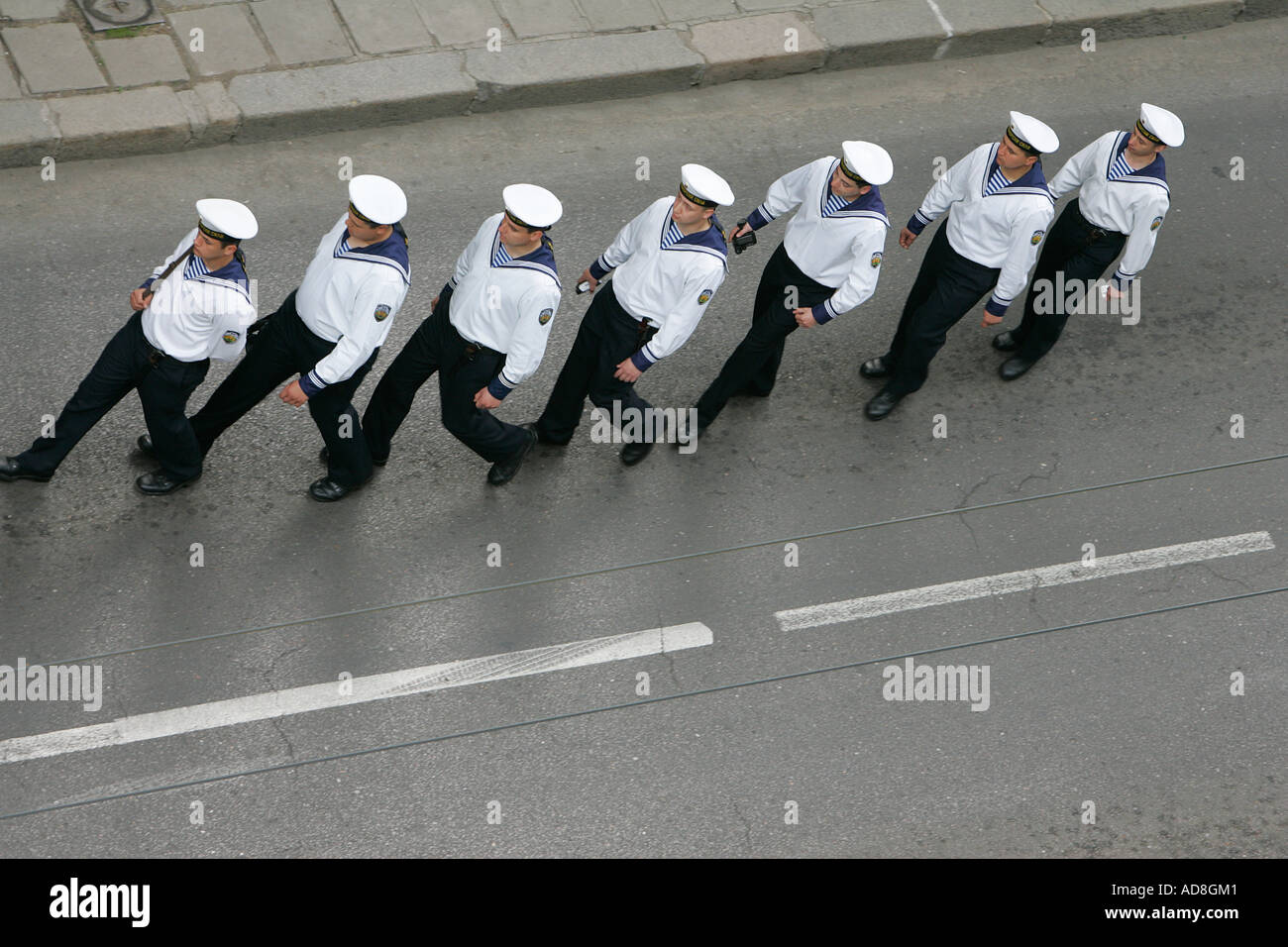 Guardsmen march in step at military parade column Officer Cadets ...