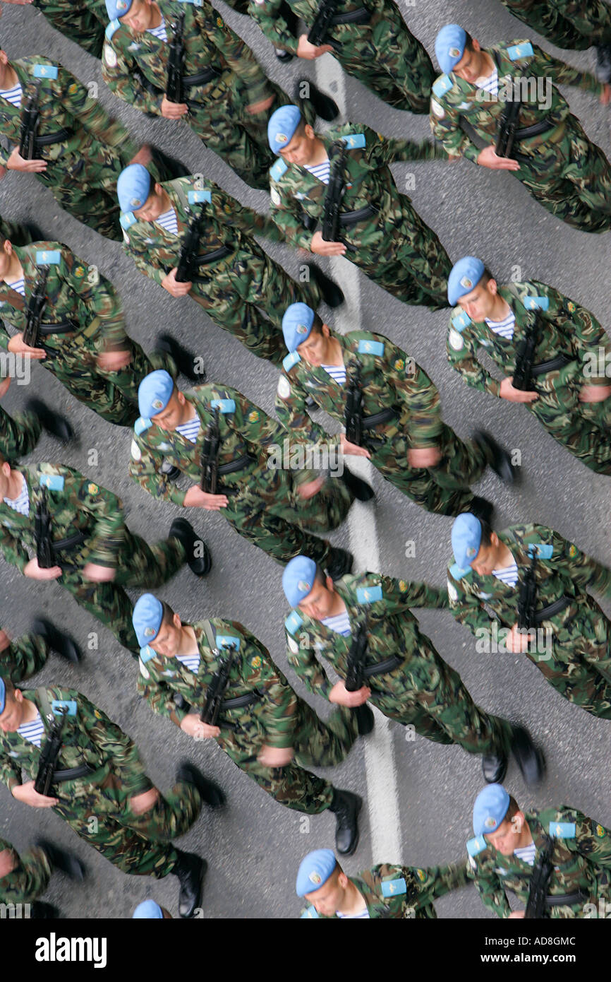 Guardsmen march in step at military parade column Officer Cadets ...