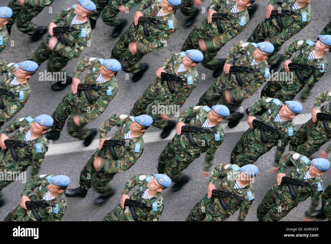 Guardsmen march in step at military parade column Officer Cadets ...