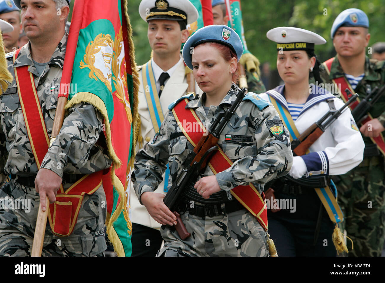 Guardsmen march in step at military parade column Officer Cadets ...
