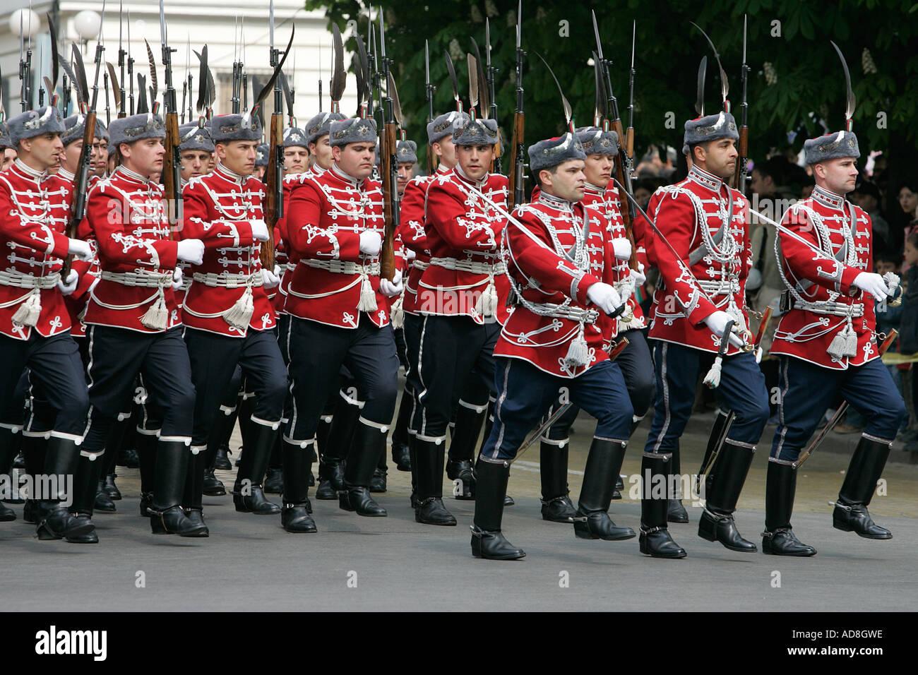 Guardsmen march in step at military parade column Officer Cadets ...