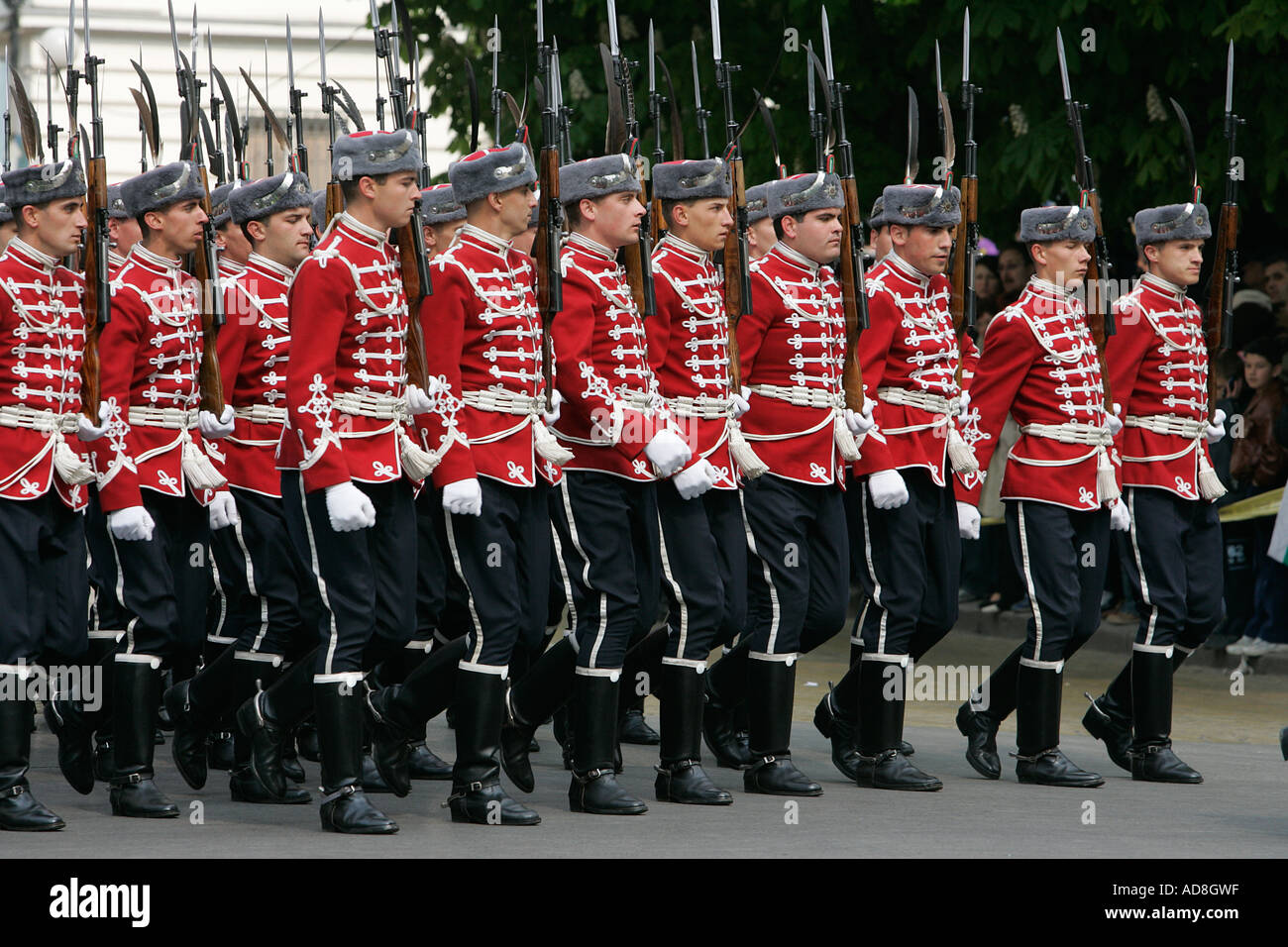 Guardsmen march in step at military parade column Officer Cadets ...