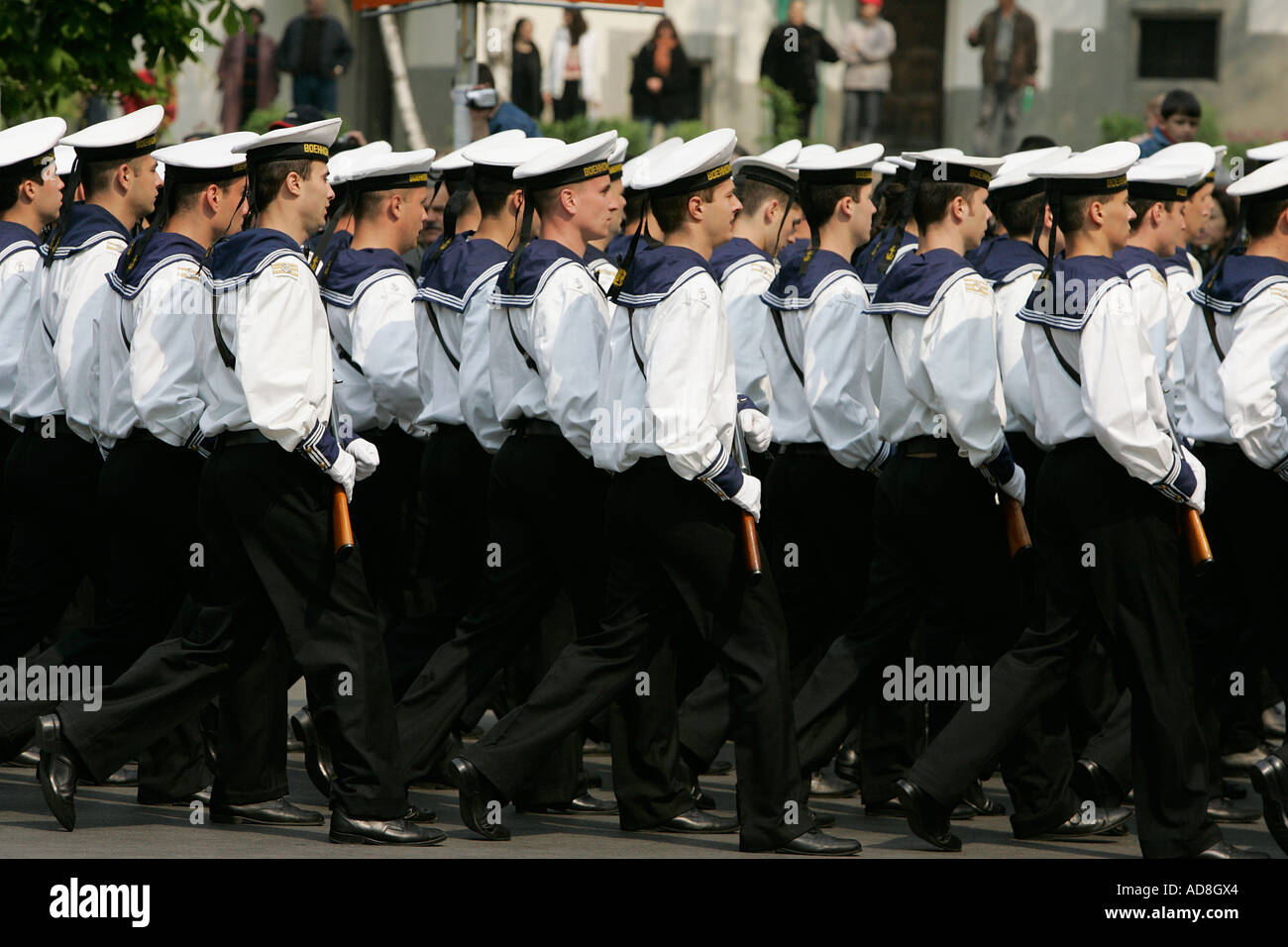 Guardsmen march in step at military parade column Officer Cadets ...