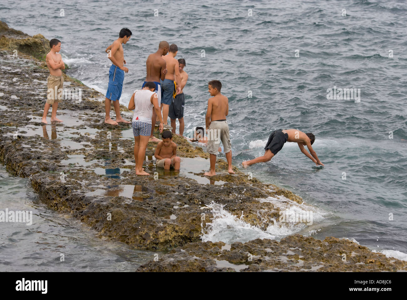Cuban boys swimming at the Malecon Stock Photo - Alamy