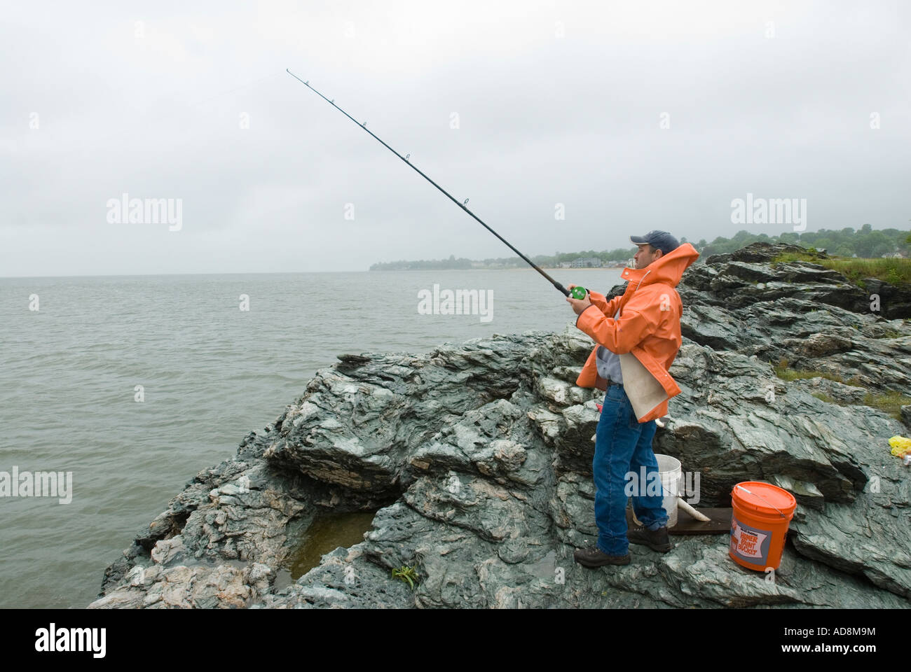 Angler fishing on a Connecticut Coast in Long Island Sound Stock Photo ...