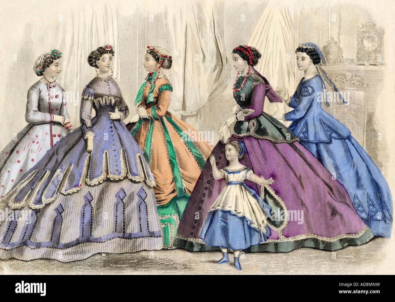 Godeys ladies fashions for winter 1866. Color lithograph Stock Photo ...